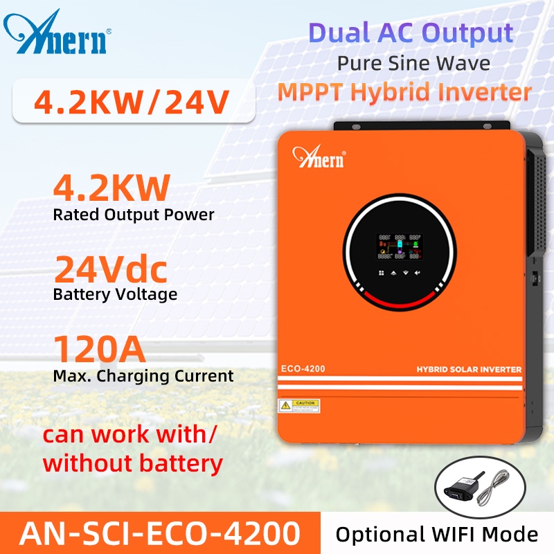 Anern 4.2KW Hybrid Inverter 24V MPPT off-grid Inverter PV Max.500V Solar Inverter dc to ac ...