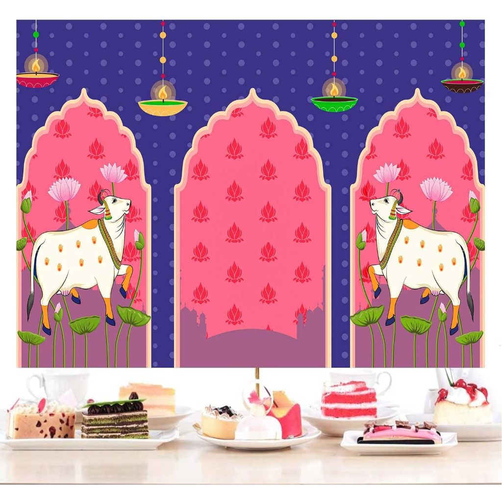 Indian Blue Lotus Cow Pooja Pichwai Backdrop for Traditional Indian ...
