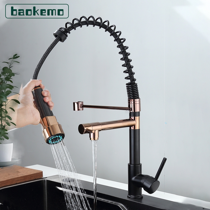 Black Rose Gold Kitchen Spring Pull Down Faucets 2 Functions Stream ...