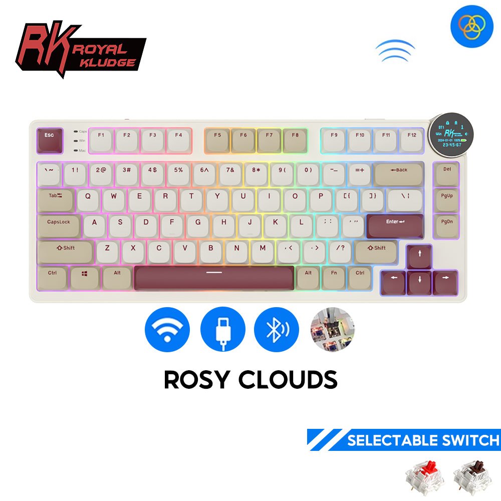 Royal Kludge RK N80 Rosy Clouds 80 Key Low Profile Tri-Mode RGB Wired Bluetooth 2.4G Wireless ...