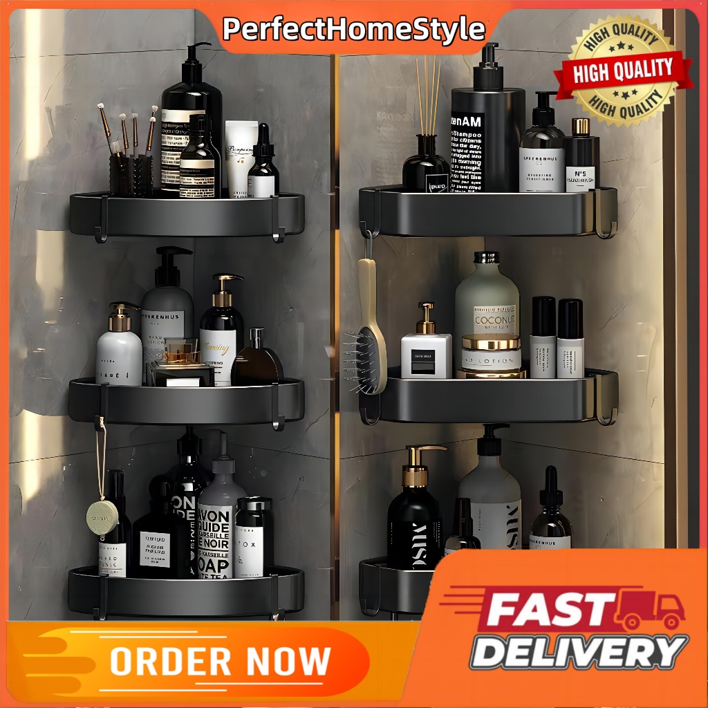 Bathroom Storage Corner Shelf with Towel Rack Kitchen Dinding Shampoo ...