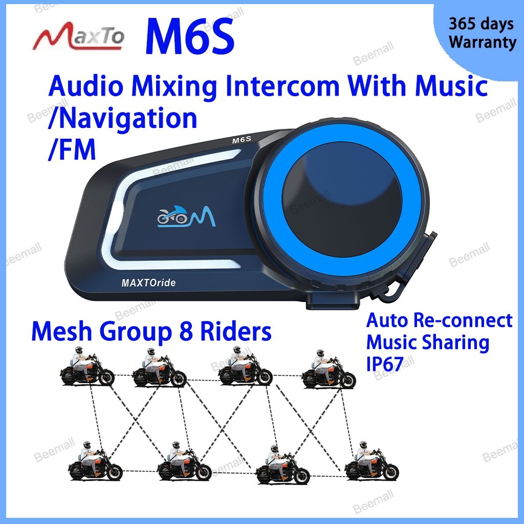 Beemall Mesh Intercom Maxto M6S Motorcycle Group 8 Riders 1KM Automatically Re-connect Bluetooth ...