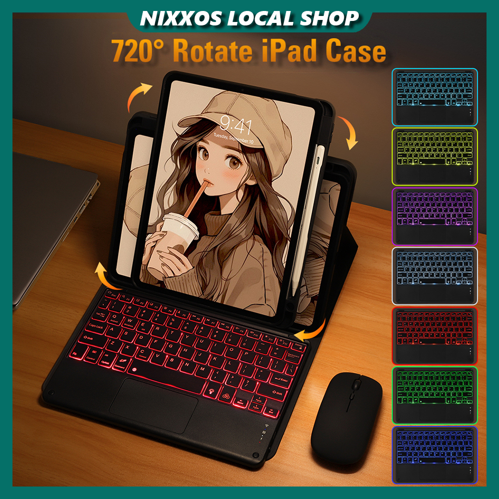NIXXOS For iPad Case Rotatable with Touchpad Keyboard 7-Colours LED ...