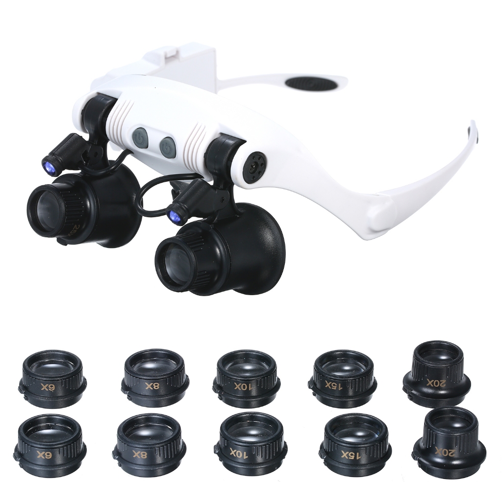 Glasses Magnifier With 2 LED Lights 6 Replaceable Lenses 6X 8X 10X 15X ...