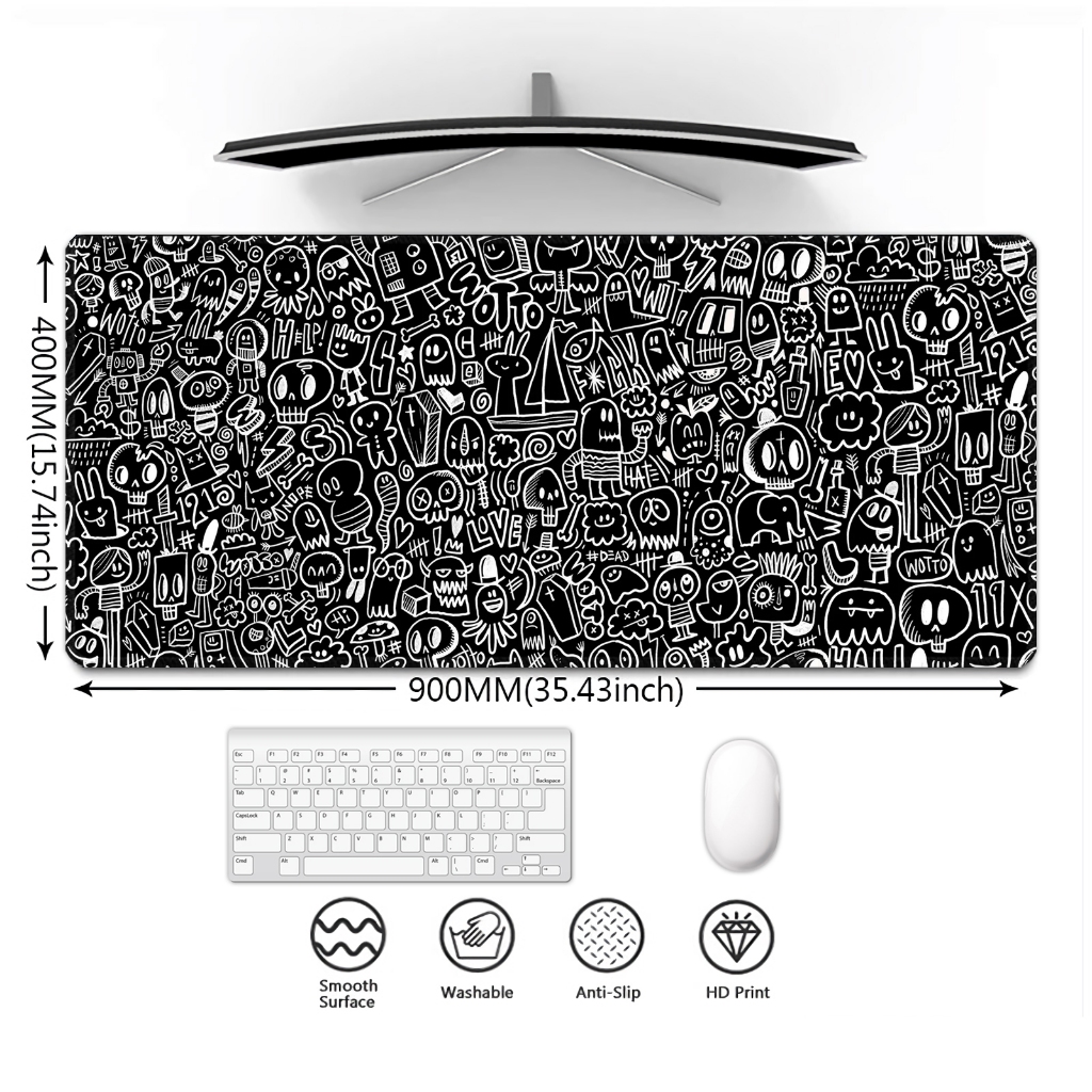 Mouse Pad Gaming Desk Mat Black Chalk Doodles Art Waterproof Anti-Slip ...