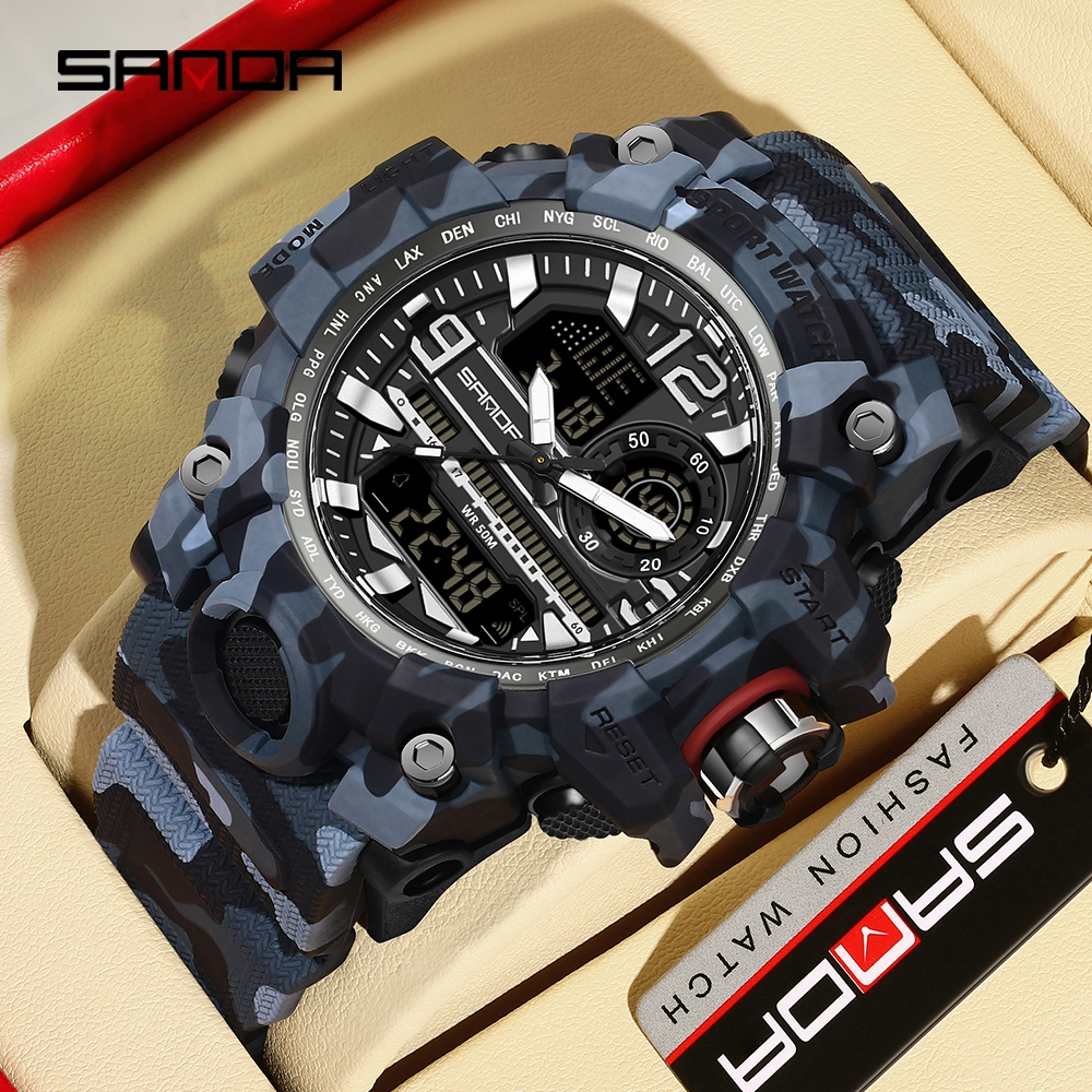SANDA 3359 Men's Sports LED Digital Watch Dual Screen Simulated Quartz ...