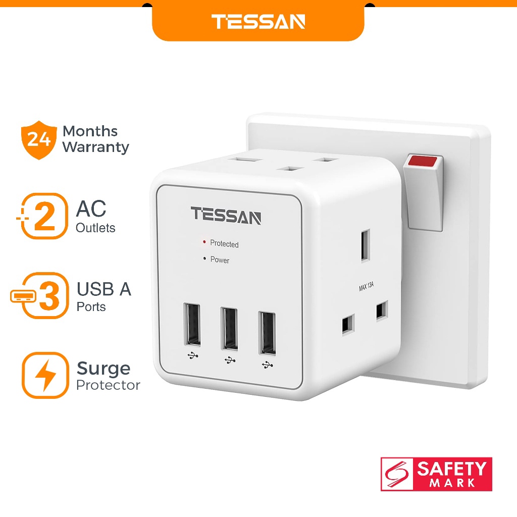 TESSAN Extension Plug with USB,Surge Protector Power Adapter,Multi Plug ...