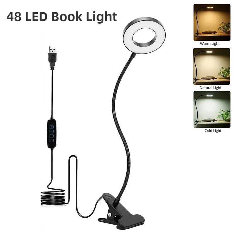 USB LED Table Lamp Clip On Reading Light Flexible Gooseneck Dimming ...