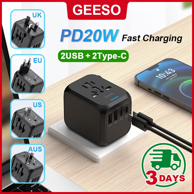 GEESO PD20W Universal Adapter USB-A USB-C Travel International Adapter ...