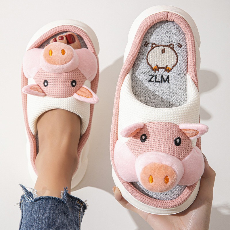 Women's Linen Fluffy Cow Slippers For Couple Thick Bottom Outdoor/Bear ...