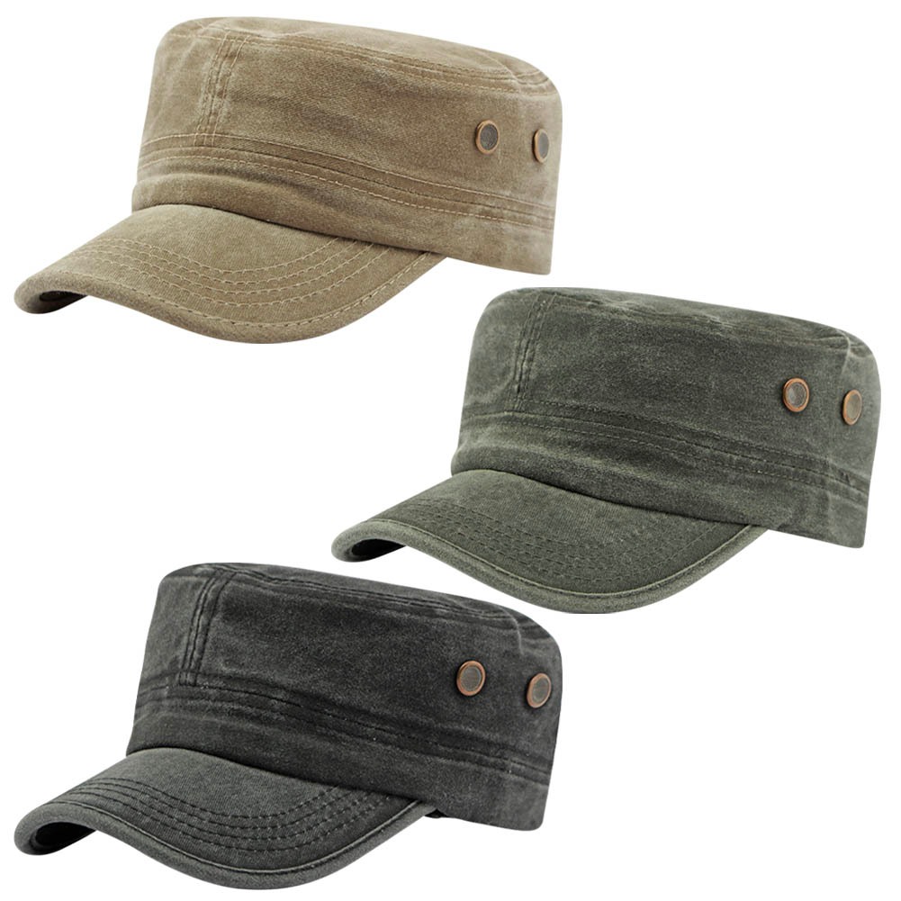 Cadet Army Caps Adjustable Military Flat Top Cap Washed Cotton Military ...