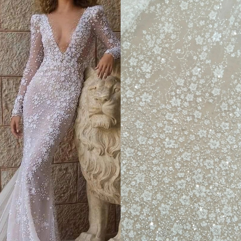 1 Yard Embroidery Lace crystal beaded fabric stones lace Wedding Gown ...