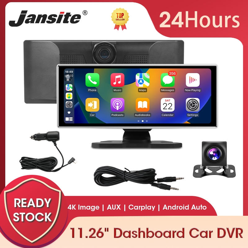 Jansite 4K Driving Recorder Car DVR Rearview Mirror Video Player Wireless Carplay and Android ...