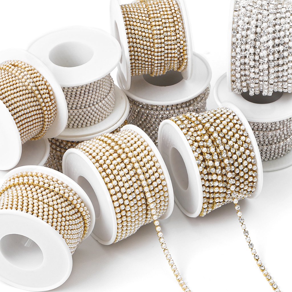 1Yard/Roll Pearls Rhinestone Chain Sew-On Glue-On rhinestones Trim Cup ...