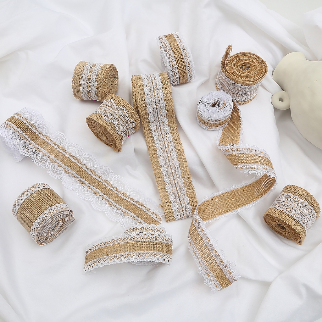 2M/Roll Natural Jute Burlap Ribbon With White Lace Trim Edge Rustic ...