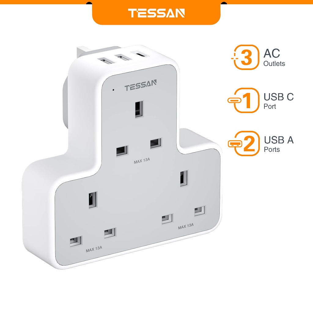 TESSAN USB Plug Charger Adapter with 3 USB (1 USB C), Plug Extension ...