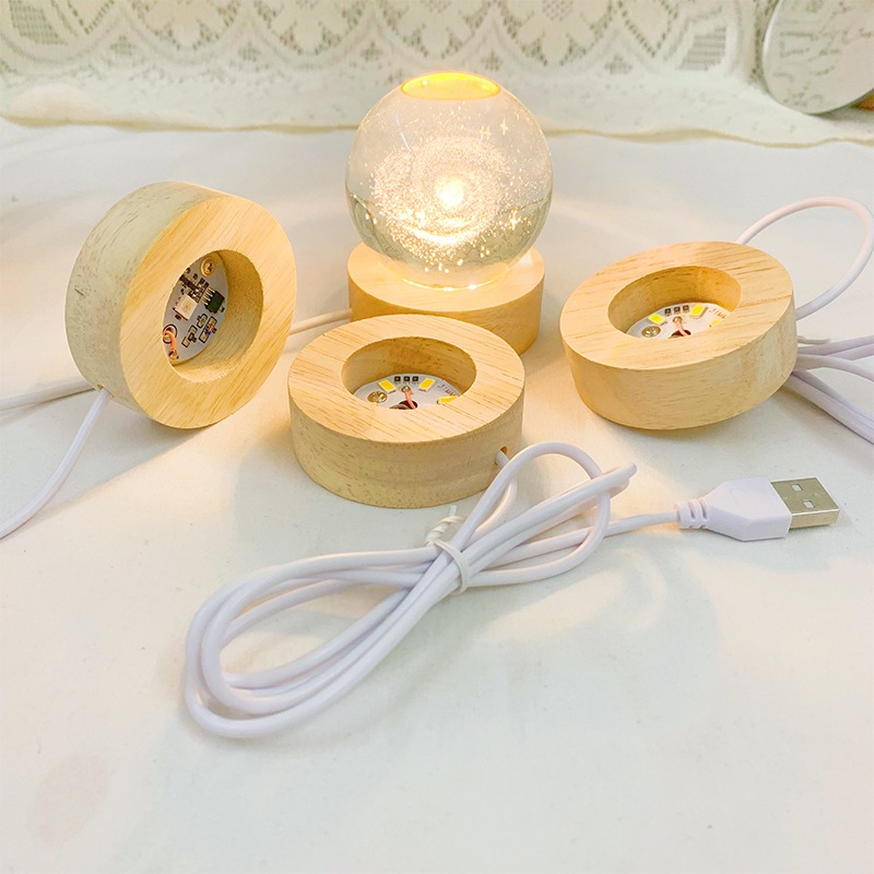 6CM Wooden LED Light Dispaly Base Crystal Glass Resin Art Ornament ...