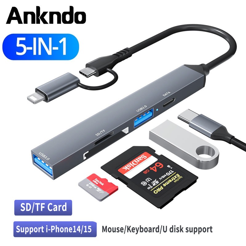 USB C Hub with Light-(ning Port, 5-in-1 Multi Adapter USBHUB with 2 x ...