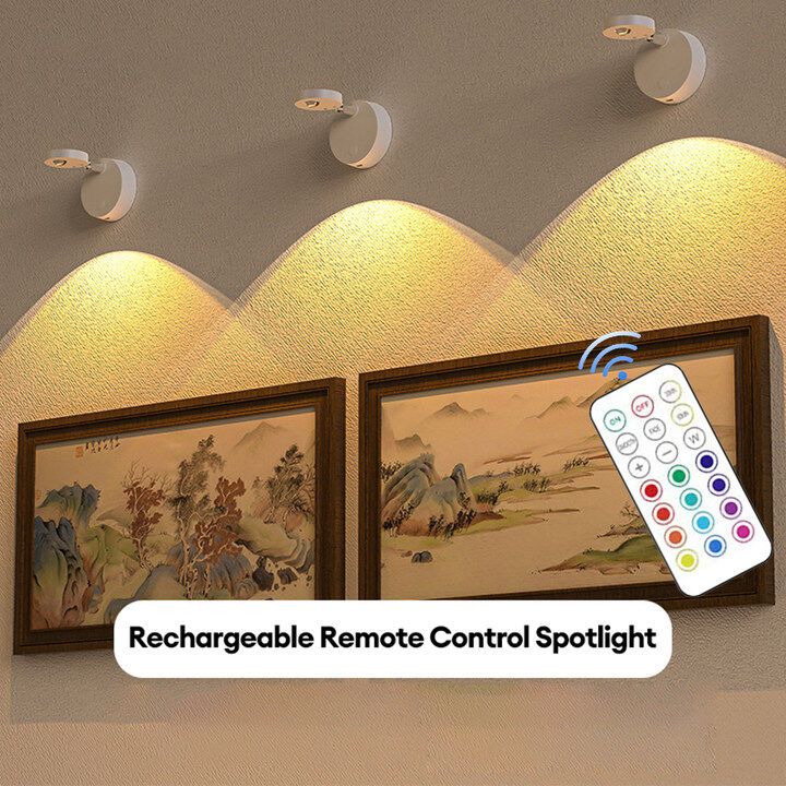 12-Colors Wireless Remote Control Led Spotlight USB Rechargeable Wall ...