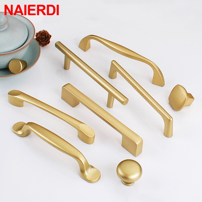 NAIERDI Matte Gold Cabinet Handles European Style Solid Aluminum Alloy ...