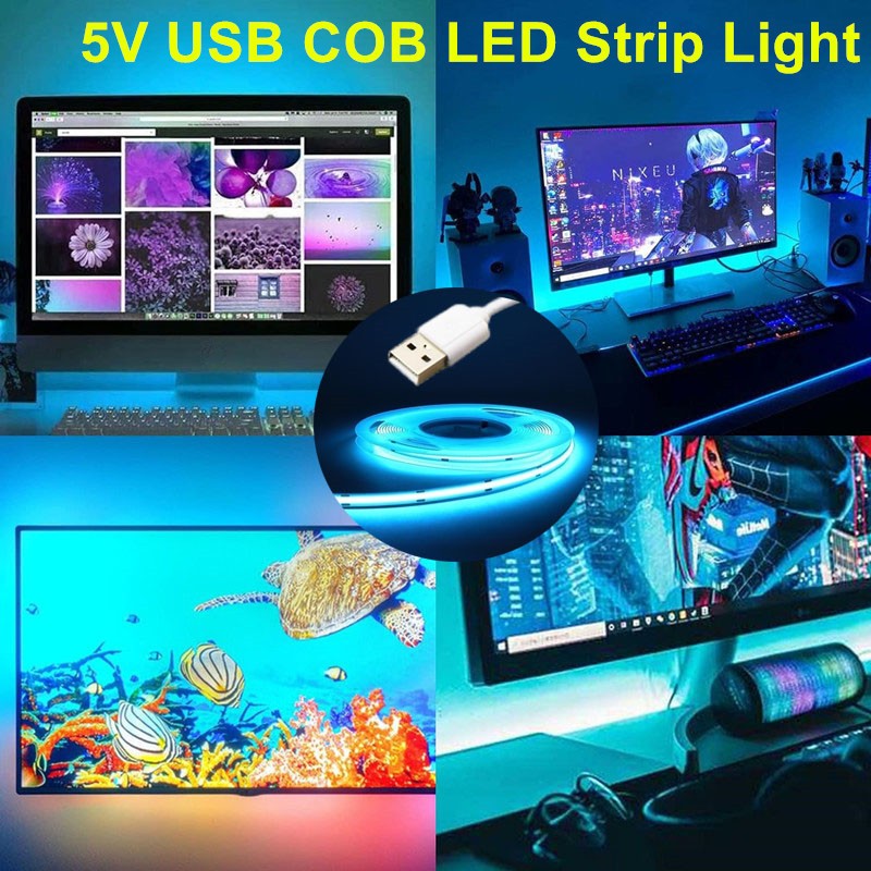 5V USB COB LED Strip Light 320leds/m Ice Blue Game Computer Cabinet TV ...
