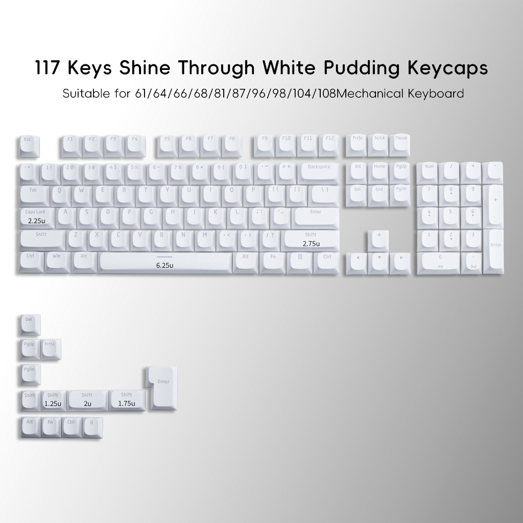 XVX Shine Through White Pudding Keycaps Cherry Profile 117 keys ...