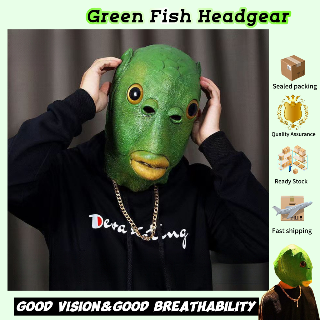 Funny Head Cover , Green Fish Mask for Adult, Realistic Latex Full Head ...
