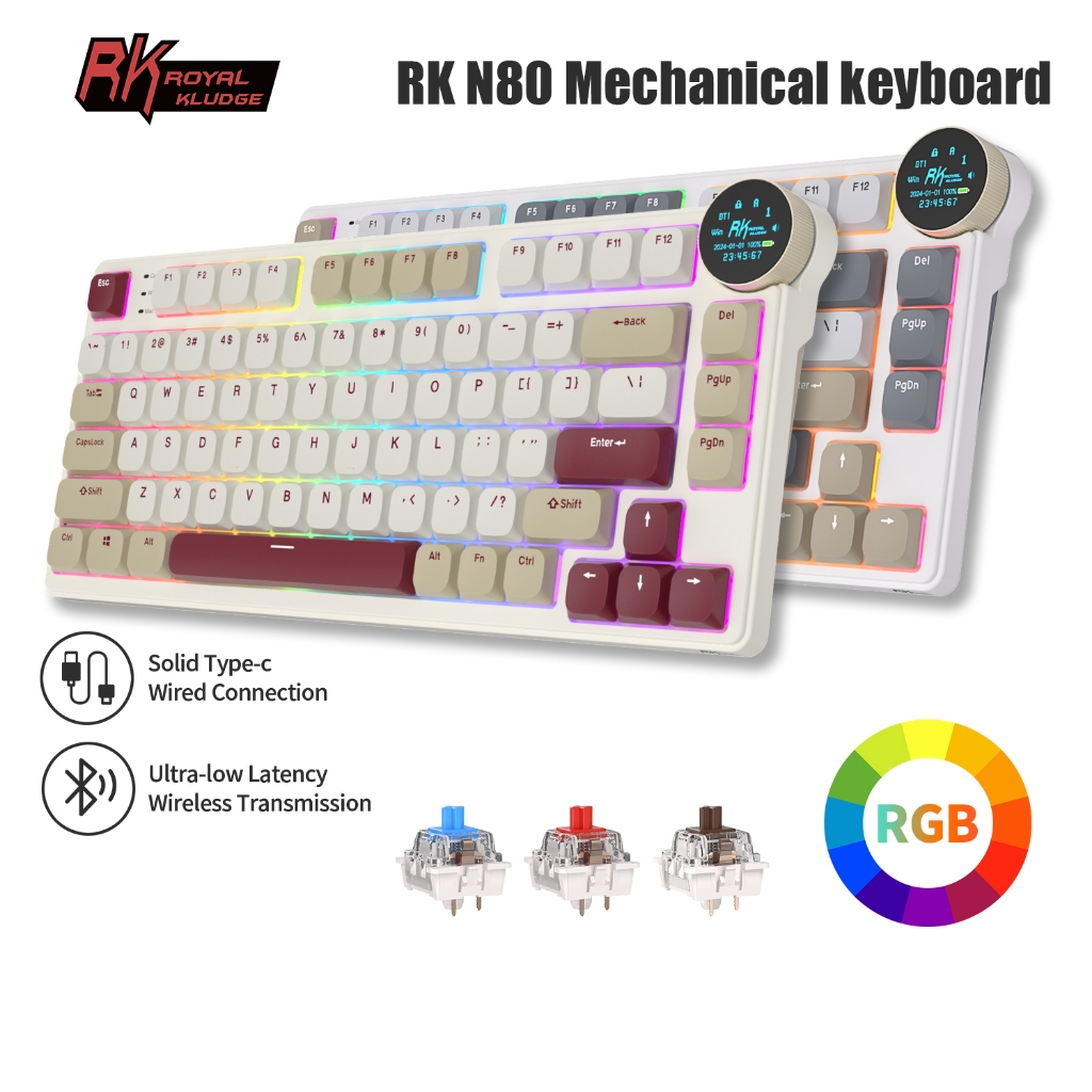 Royal Kludge RK N80 80% Size Pearly Dawn Low Profile Tri-Mode RGB Wired ...