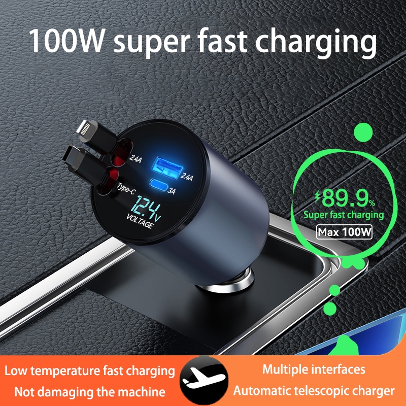 Car Charger 4 In 1 Fast Charging 100W Dual Line Freely Extendable Car ...