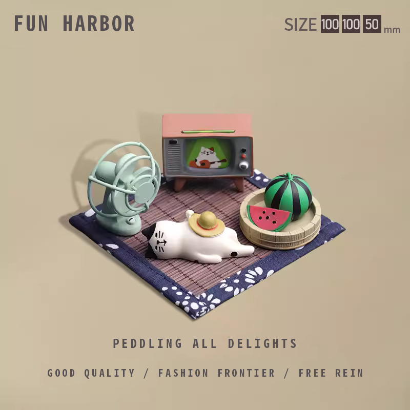 无聊了夏日炎炎宅家一夏! Summer Cat Ornament / Resin Home Decor / Zakka Japanese Trinket / Bamboo Mat ...