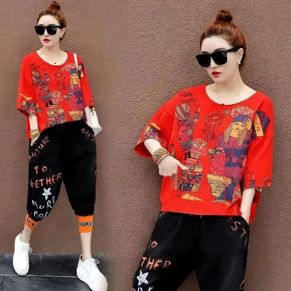 2pcs Women Clothing Individual Set Wear Ladies Short Sleeve Loose Round ...