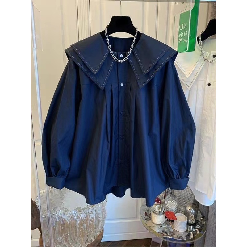 Korean Style Women Ladies Loose Lantern Doll Collar Long Sleeve Shirt ...
