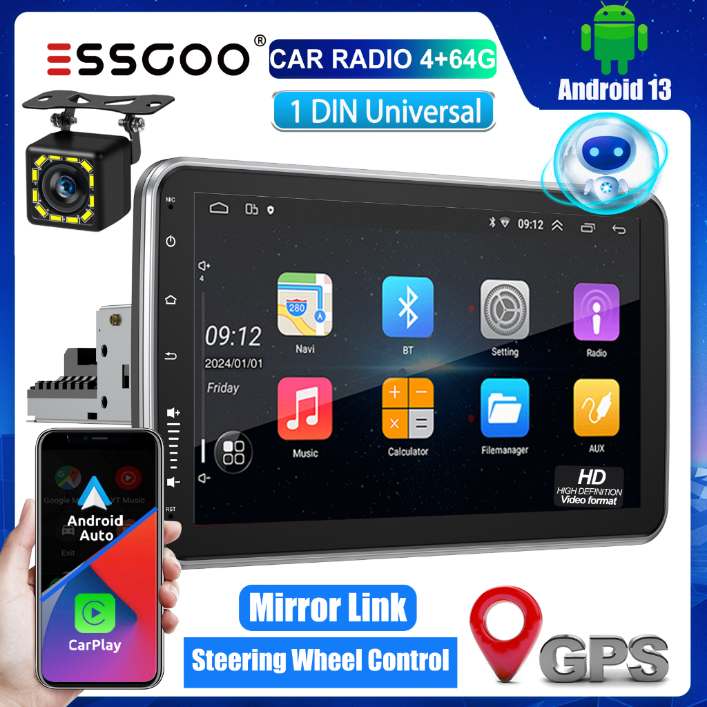 ESSGOO 4+64GB CarPlay & Android Auto 1 DIN Multimedia MP5 Car Player ...
