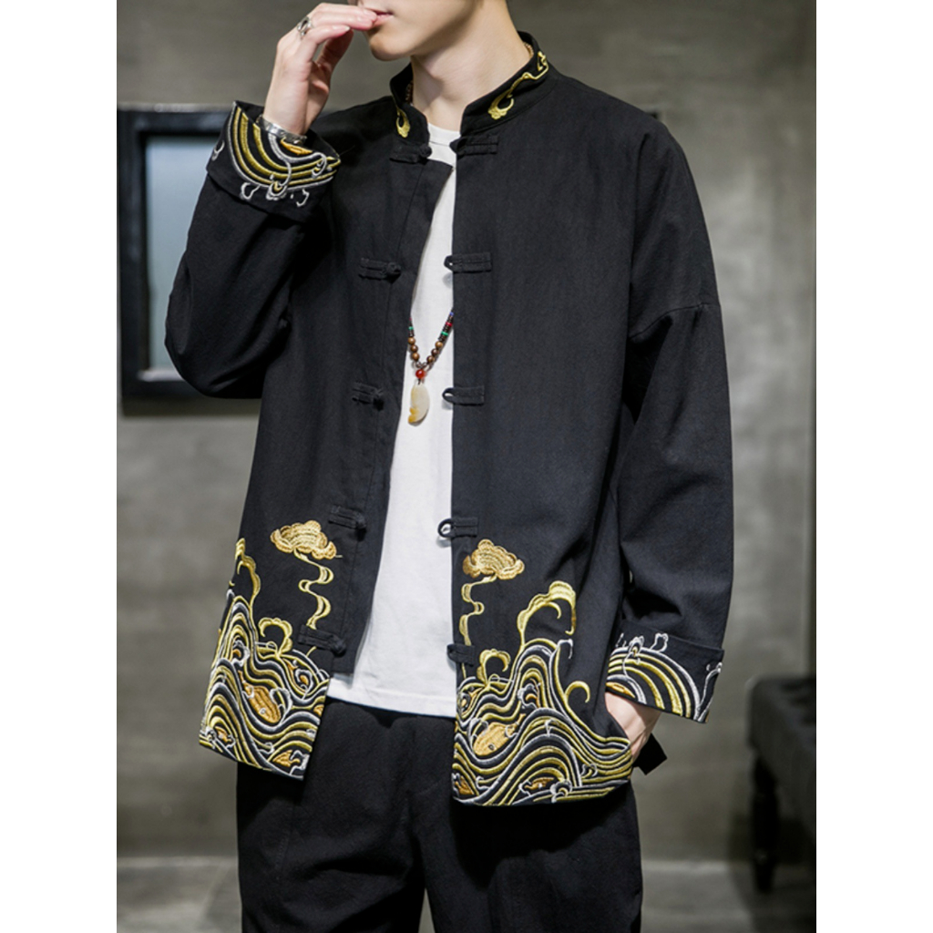 Men's Jacket Chinese Style Embroidered Dragon Pattern Vintage Disc ...