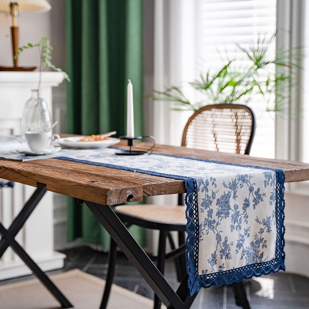 Table Flag Printed Rustic Navy Blue Rose Flower Table Tea Flag Dining ...