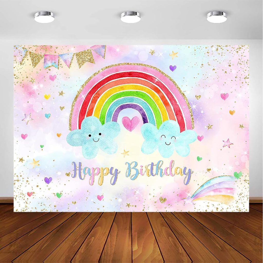 Rainbow Theme Birthday Photography Backdrop Sprinkled Gold Dots Rainbow ...