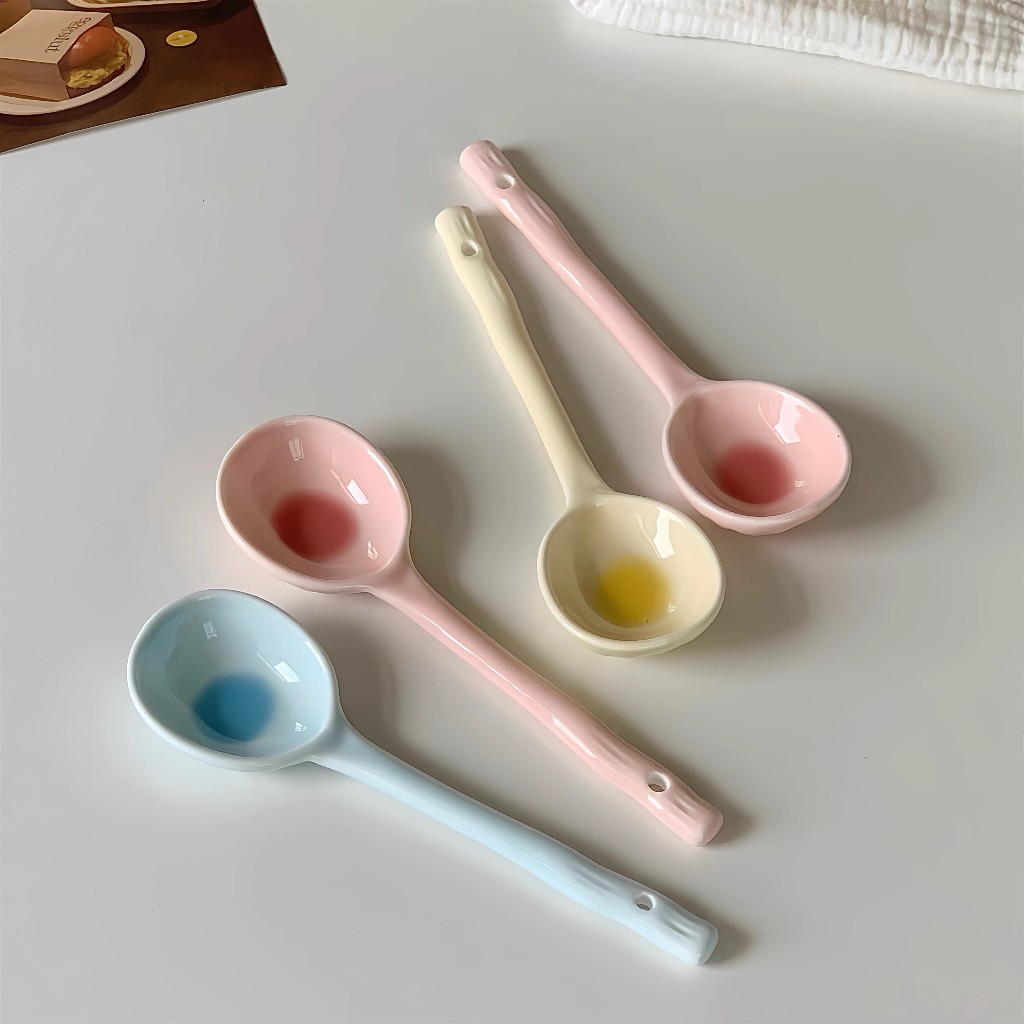 ins Gradient Rainbow Ceramic spoon household cute spoon dessert oatmeal ...