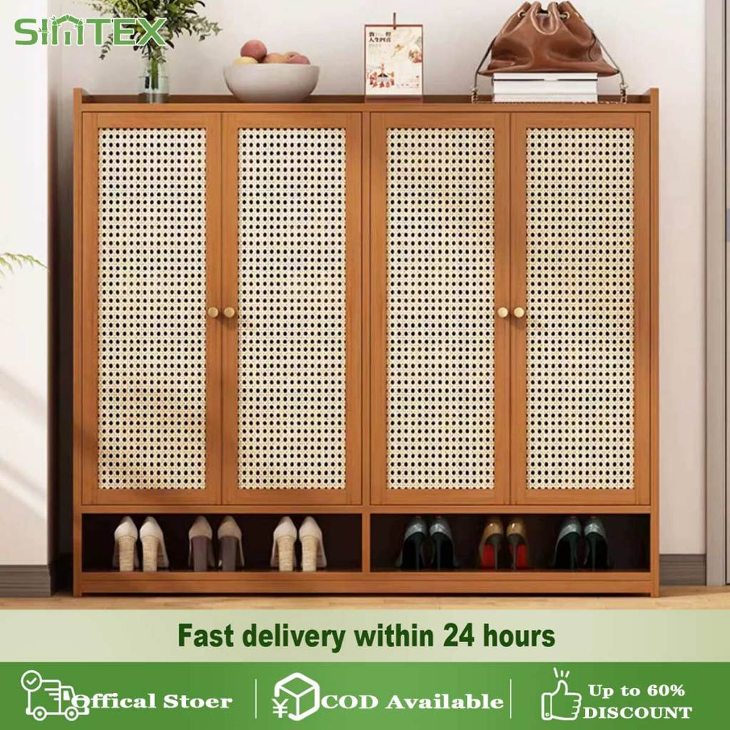 [On Hand]7 Layers Shoe Cabinet Wooden Door With Cover Rattan Shoe Rack ...