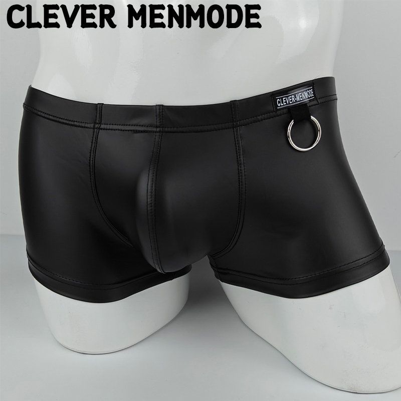 [CLEVER-MENMODE]Men Underwear Faux Leather Metal Ring Boxers Soft Low ...