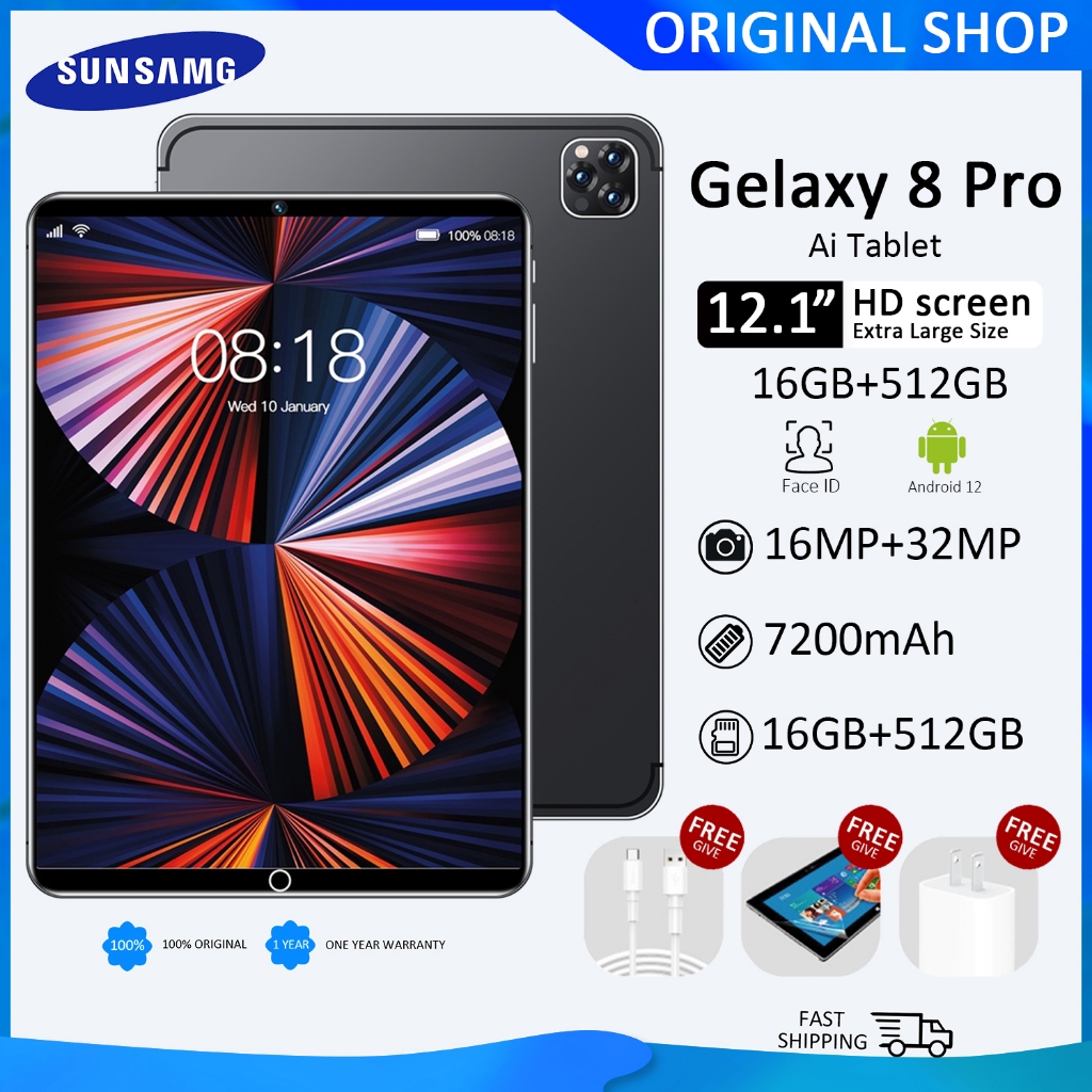 (COD) SUNSAMG Gelaxy 8 Pro tablet 12-inci tablet skrin besar 16GB RAM ...