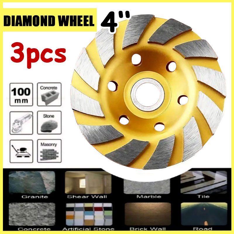 3pc 4 Inch/100mm Concrete Turbo Diamond Grinding Cup Wheel - 12 Segs ...