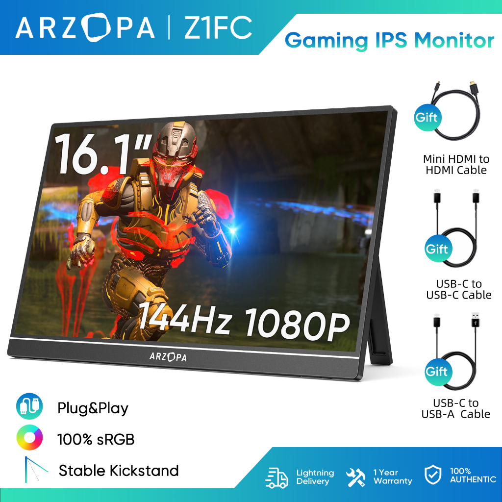 ARZOPA Z1FC Portable Gaming Monitor (16.1"/144Hz 100% sRGB/1080P FHD ...