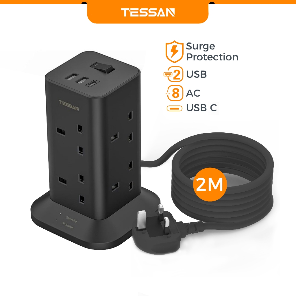 TESSAN 3M Extension Cord with USB C,8 Way Multi Plug Extension Socket ...