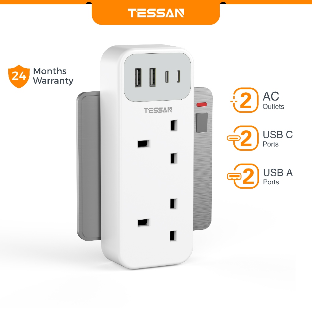TESSAN Extension Plug Adapter with 4 USB(2 USB C), 2 Way Multi Plug ...