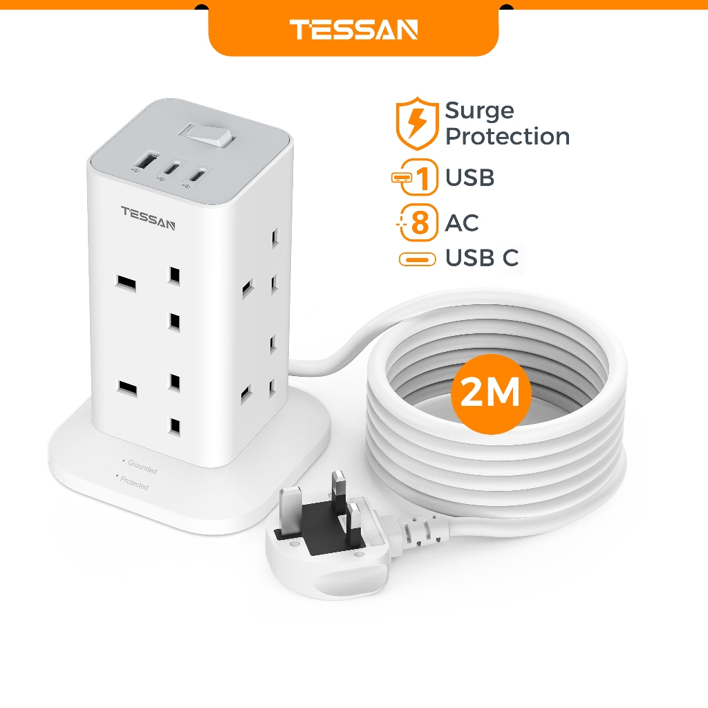 TESSAN Extension Tower Extension Socket Plug with USB, Extension Plug ...