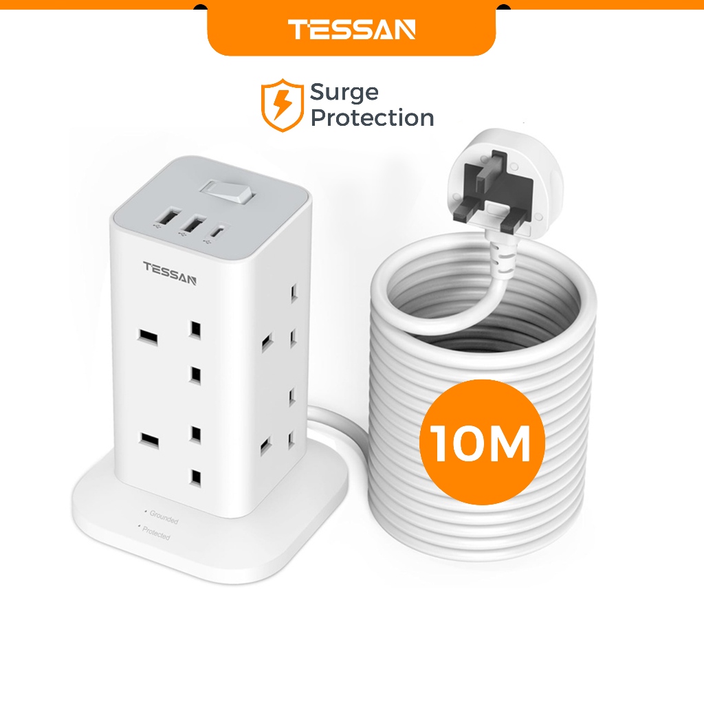 TESSAN 3M Extension Cord with USB C,8 Way Multi Plug Extension Socket ...