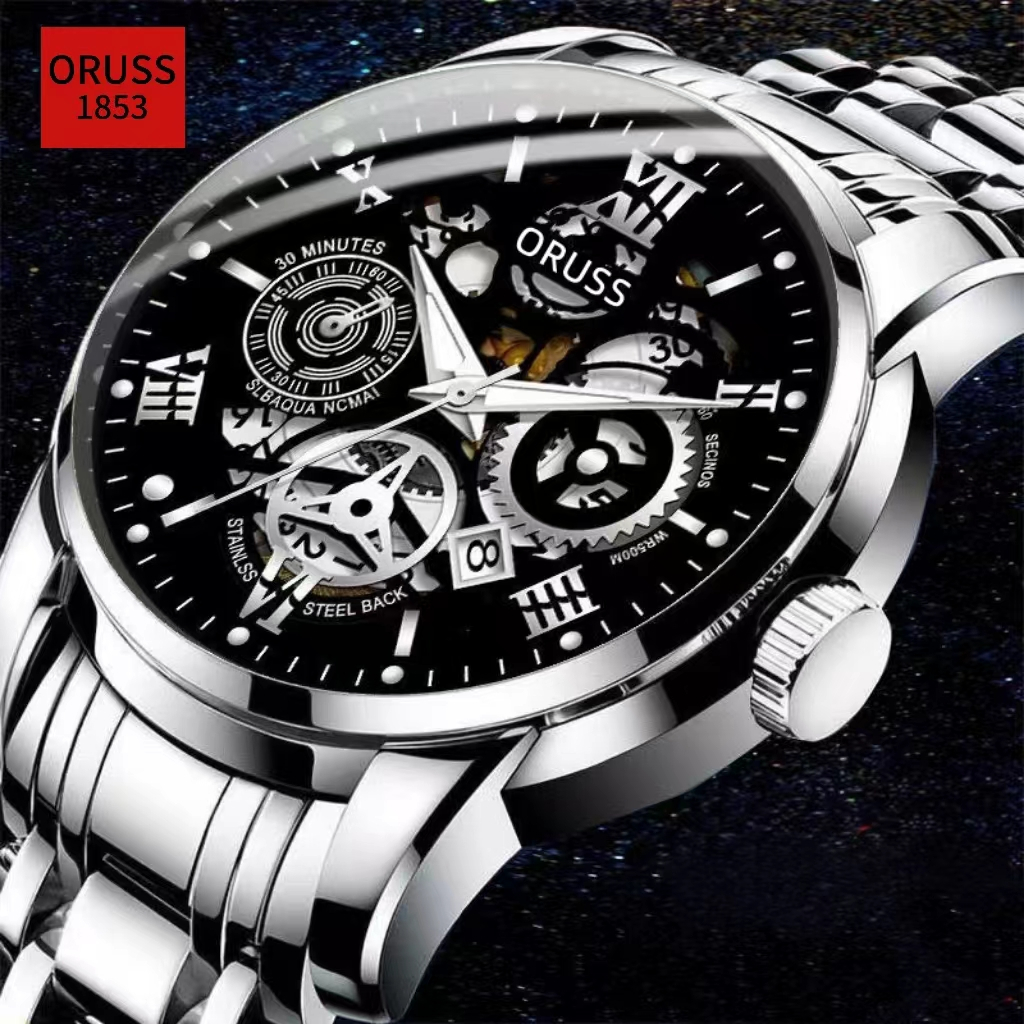 ORUSS Original Men Stainless Steel/Leather Hollow Luxury Date Silver ...