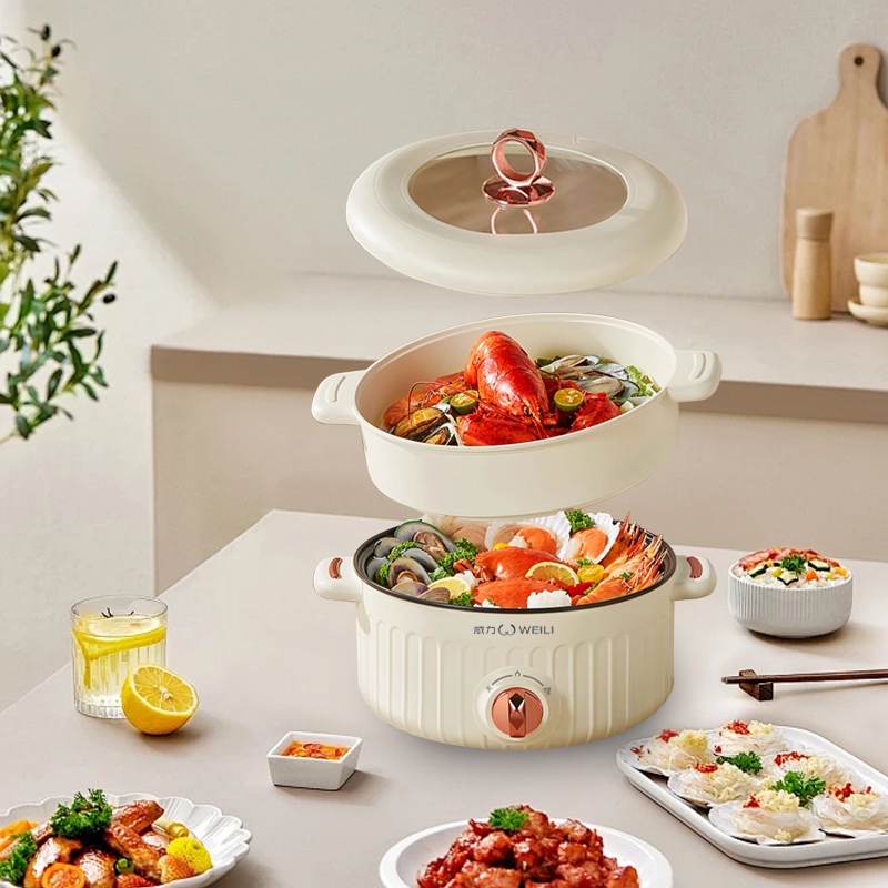 28cm Hot Pot Electric, 5L Large Capacity with Steamer Basket Electric ...