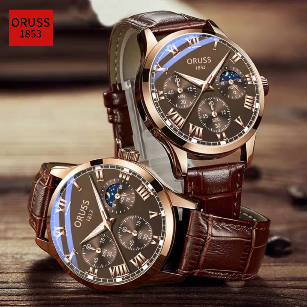 ORUSS Leather Swiss Mens Watch Luminous Waterproof Luxury Korean Mens ...