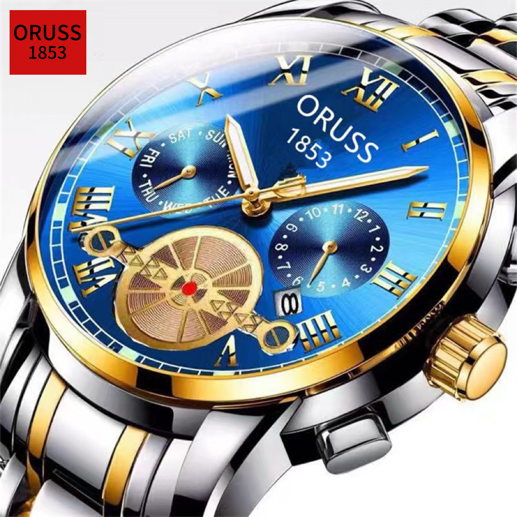 ORUSS Original Men Three-Eyed Luxury Stainless Steel Business Silver ...